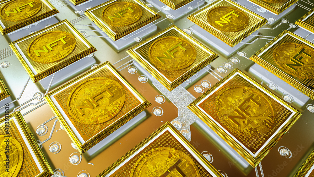 picture with a gold coin with the inscription nft in a baguette on the ...