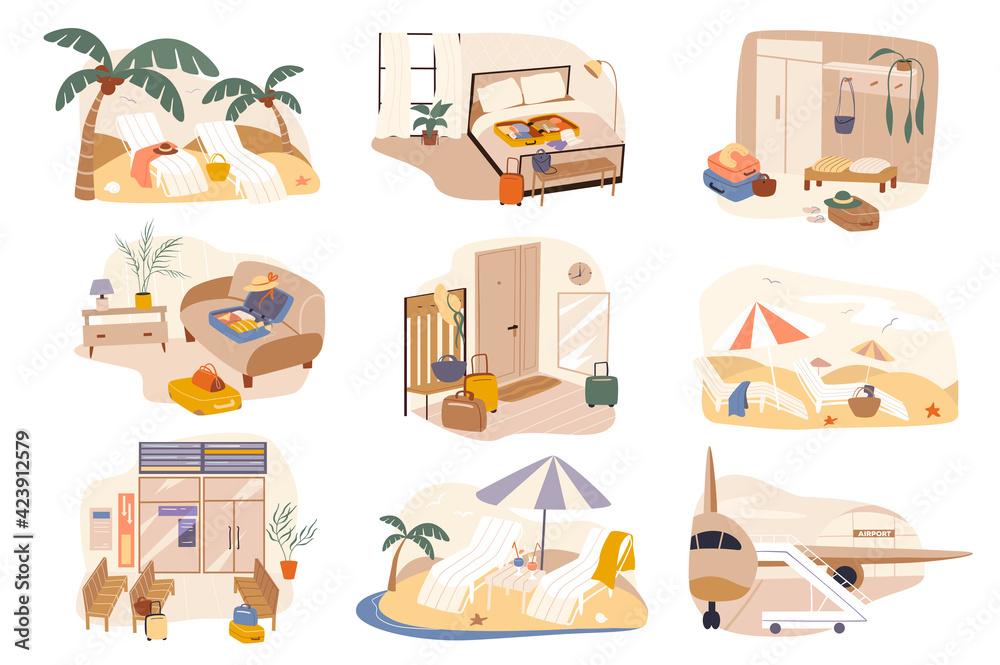 Rest in hotel at sea resort isolated scenes set. Flight by plane ...