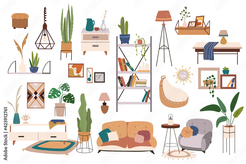 Home furniture and decor isolated elements set. Sofa, armchairs ...