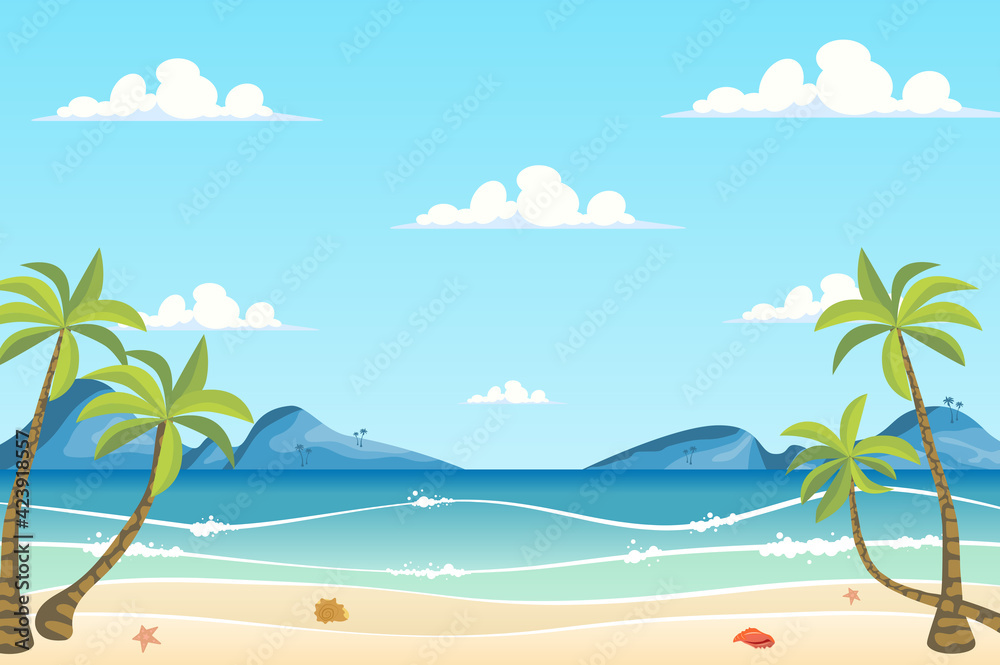 Summer sea beach landscape background in flat cartoon style. Ocean ...
