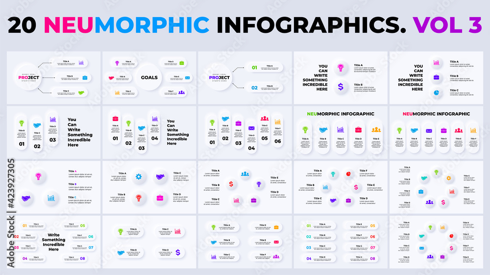 Neumorphic vector infographics. Circle diagrams. 3, 4, 5, 6, 7, 8 steps ...
