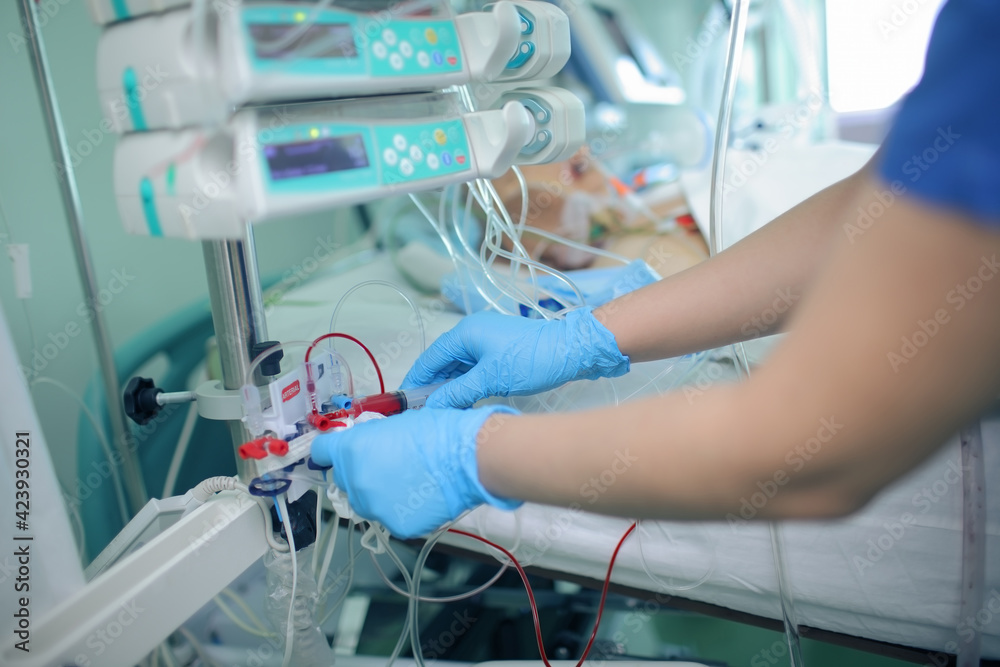 Nursing staff work with the patient's invasive arterial line Stock ...