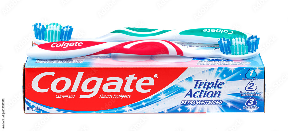 Moscow, Russia - March 27, 2021: Two colored Colgate toothbrushes on ...