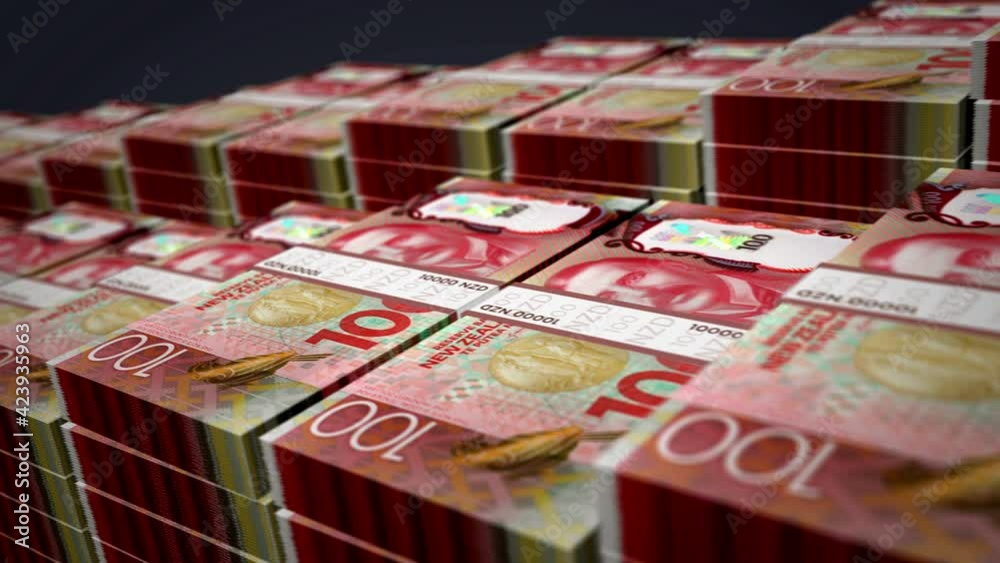 New Zealand Dollar banknote bundle growth up loop. 100 NZD money stacks ...
