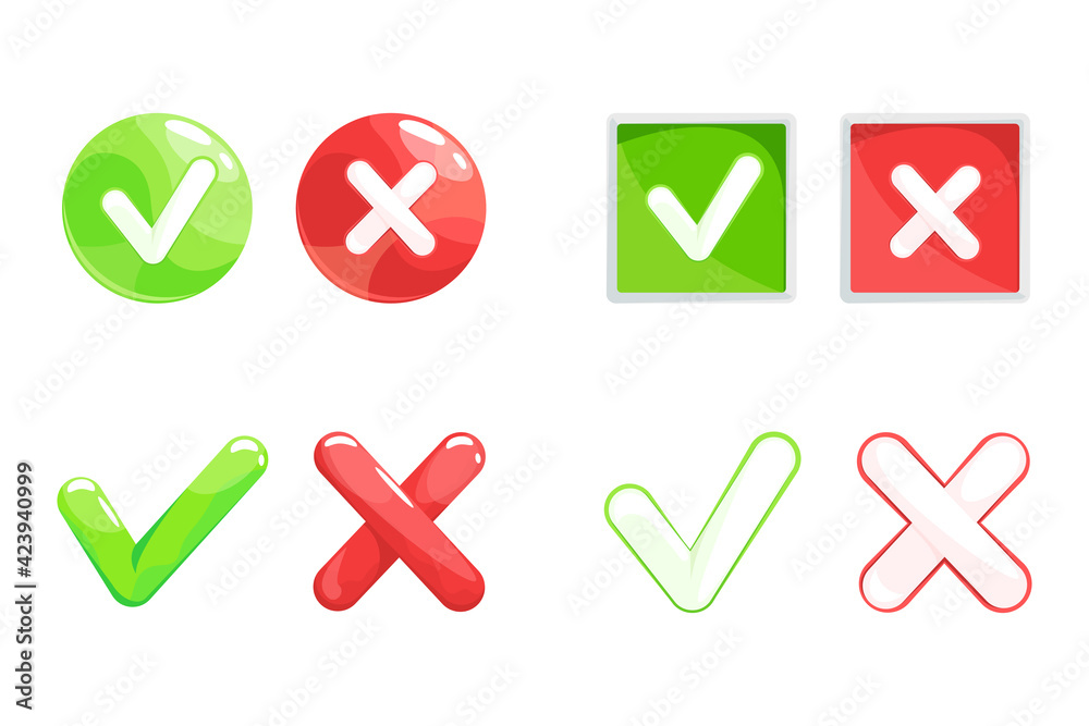 Yes and No symbols, confirmation or cancellation, check box list icons ...