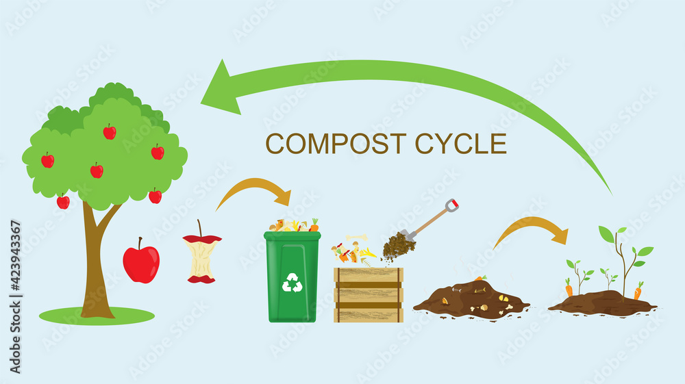 Compost cycle concept, compost bin with organic waste illustration for ...