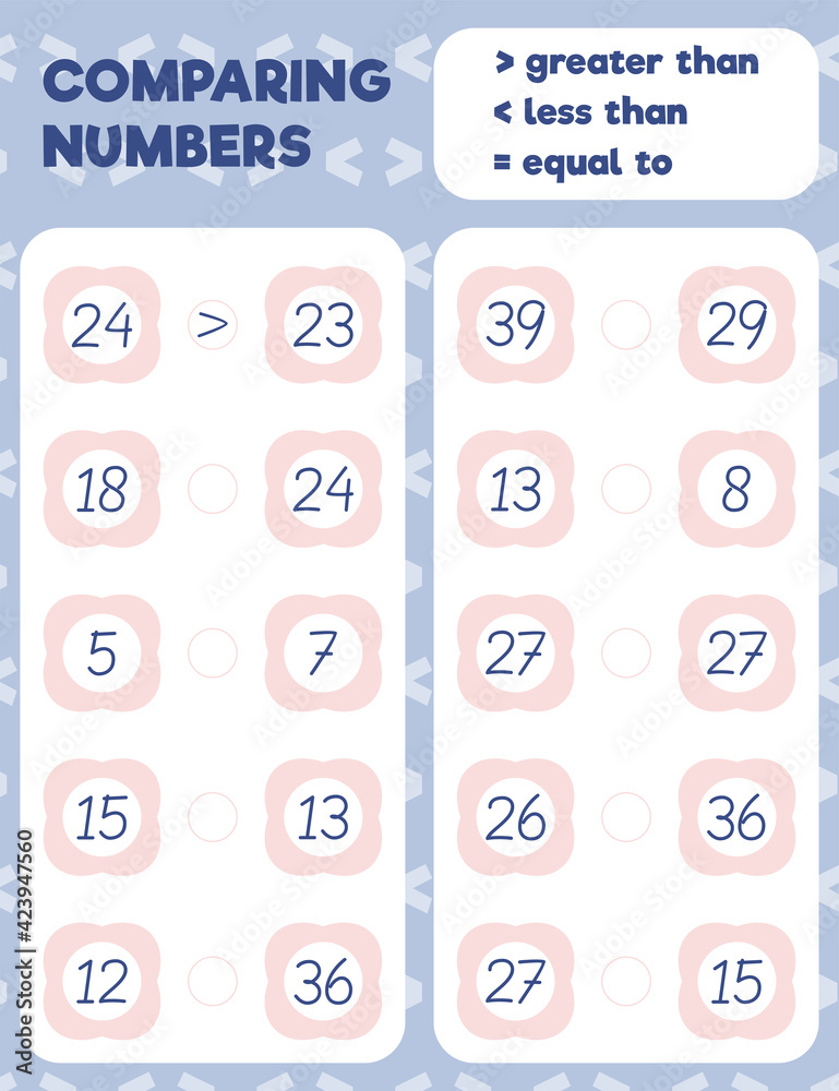 Comparing numbers worksheet practice print sheet. Vector illustration ...