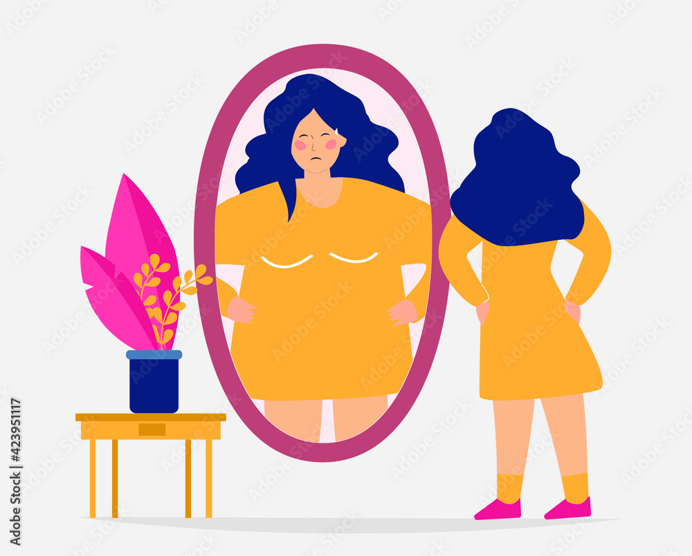 Skinny female looking at the mirror and seeing herself as fat. Woman ...