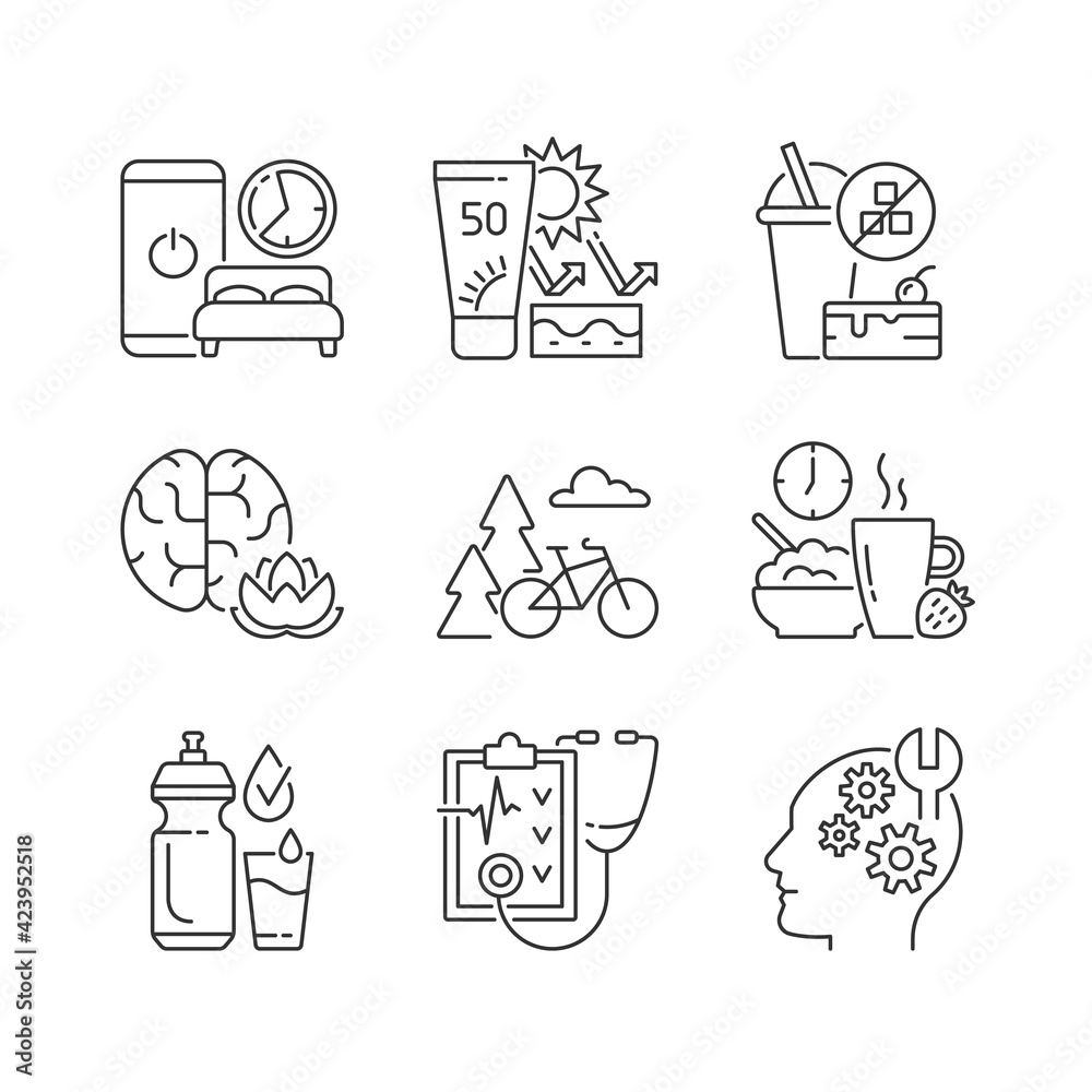 Healthy habits development linear icons set. Sleep hygiene. Skin ...