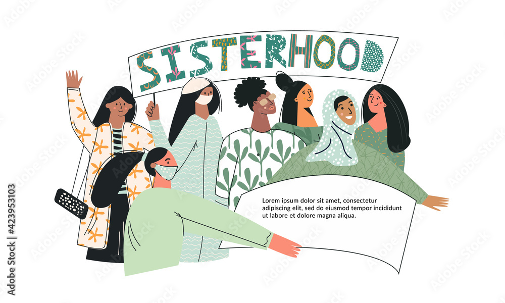 Sisterhood concept Group of young women girls or feminists standing ...