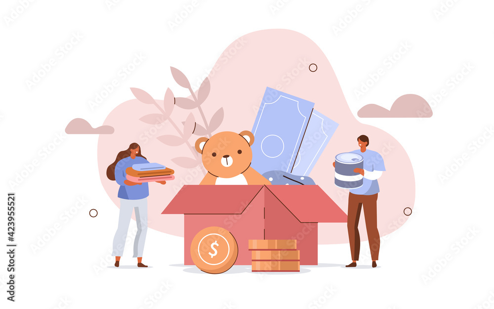 Characters Donating Money, Food and Clothes for Charity. Volunteers ...