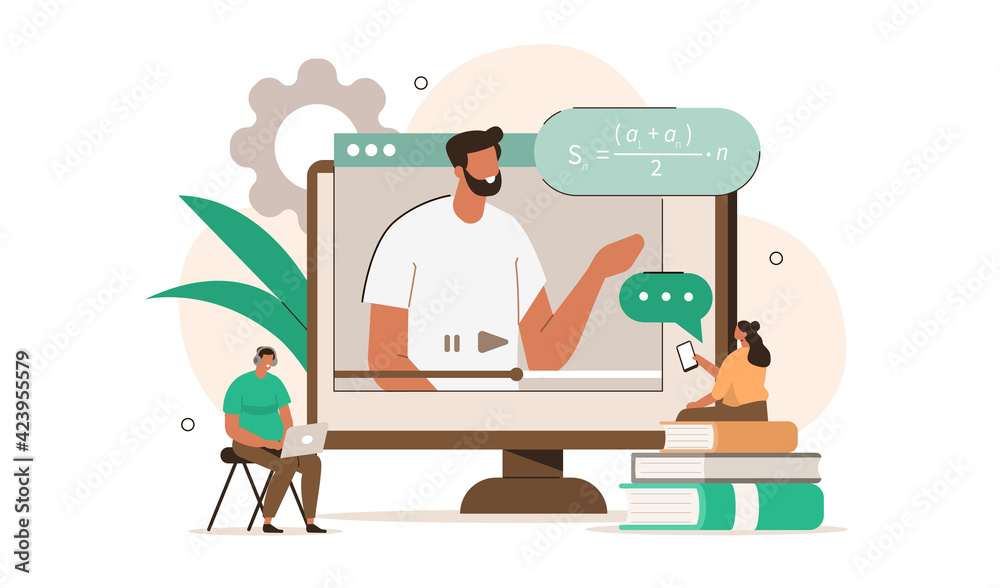 People Characters Learning Online in Internet. Students Having Video ...