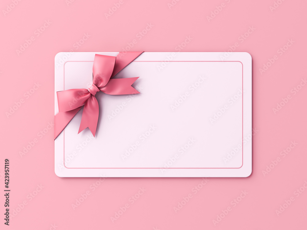 Blank sweet gift card or gift voucher with pink ribbon bow isolated on ...