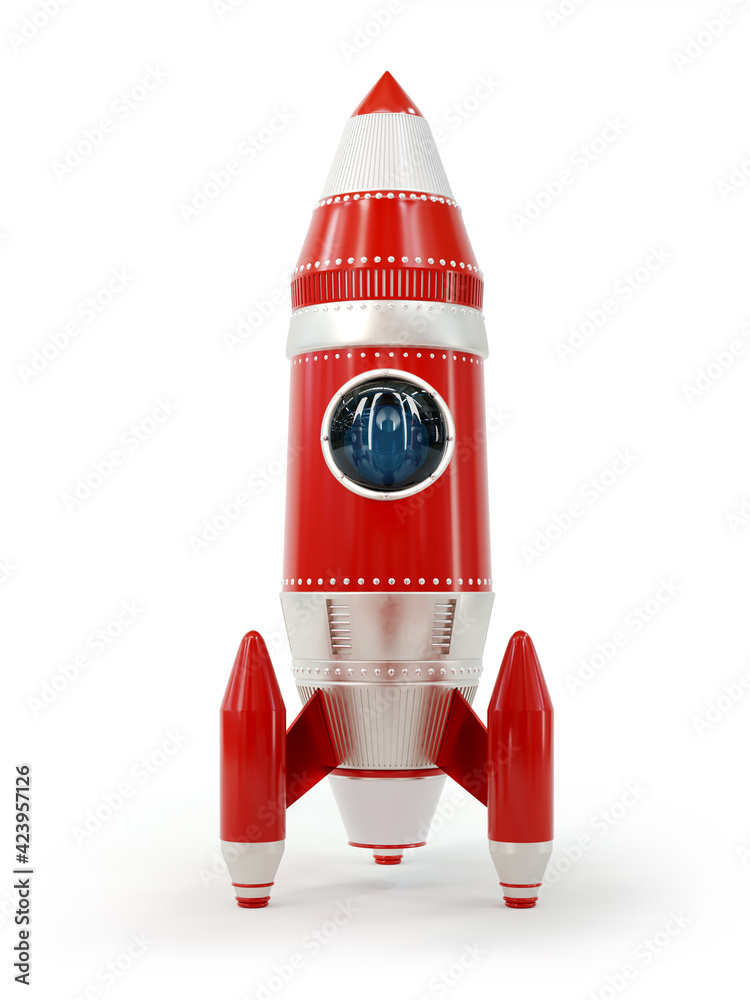 Red toy rocket isolated on whte background. 3D rendering Stock ...