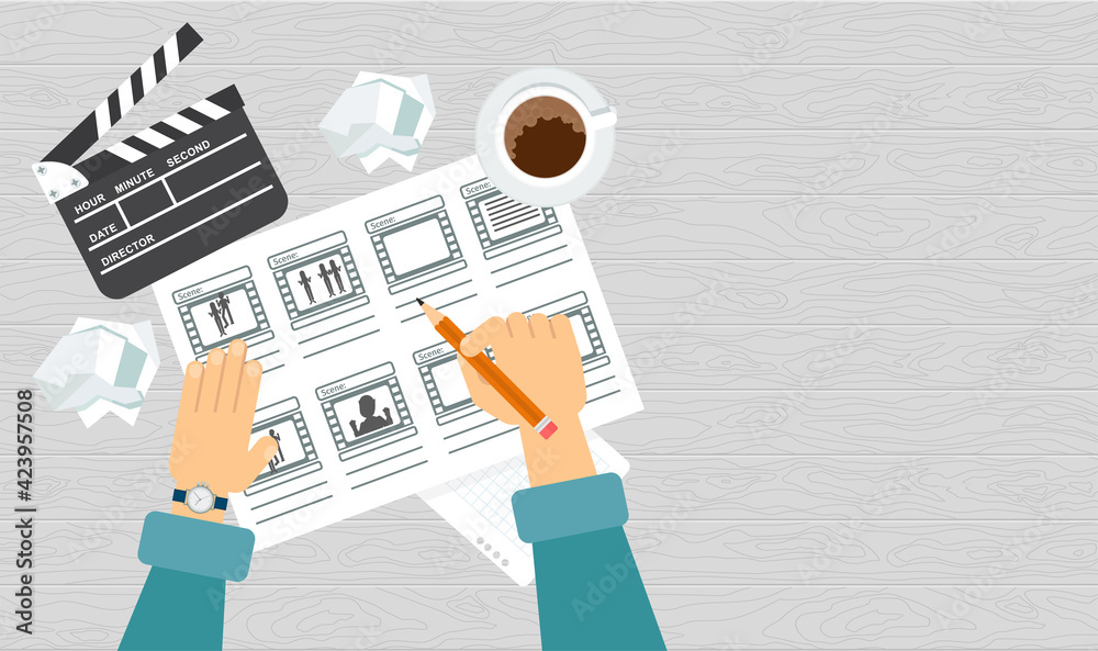 Poster Storyboarding process image. Flat vector cartoon illustration ...