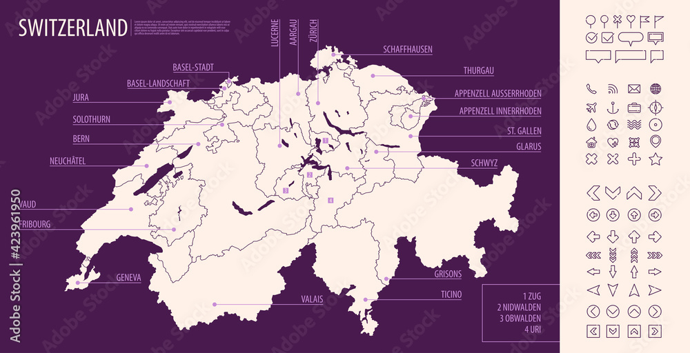 Detailed map of Switzerland with administrative divisions on dark ...