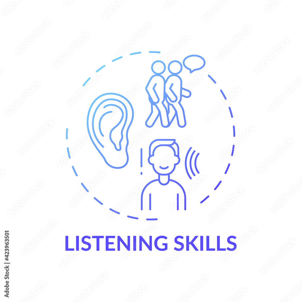 Listening skills blue gradient concept icon. Ability to communicate ...