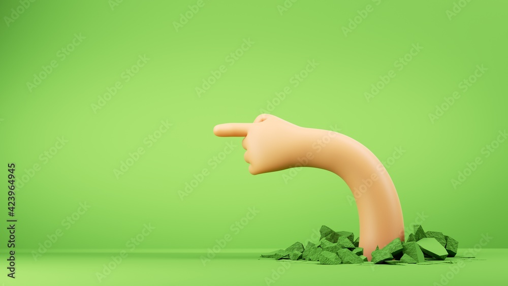 3d render, funny cartoon character flexible hand points left, pointing ...