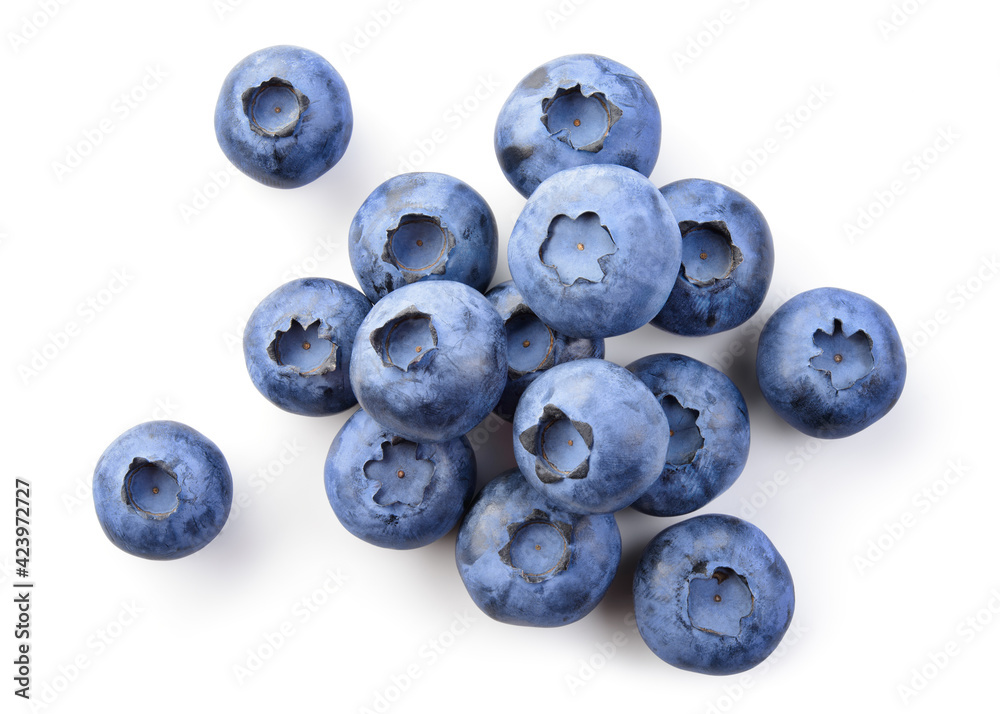 Blueberry isolated. Blueberry heap on white. Blueberry top view. With ...