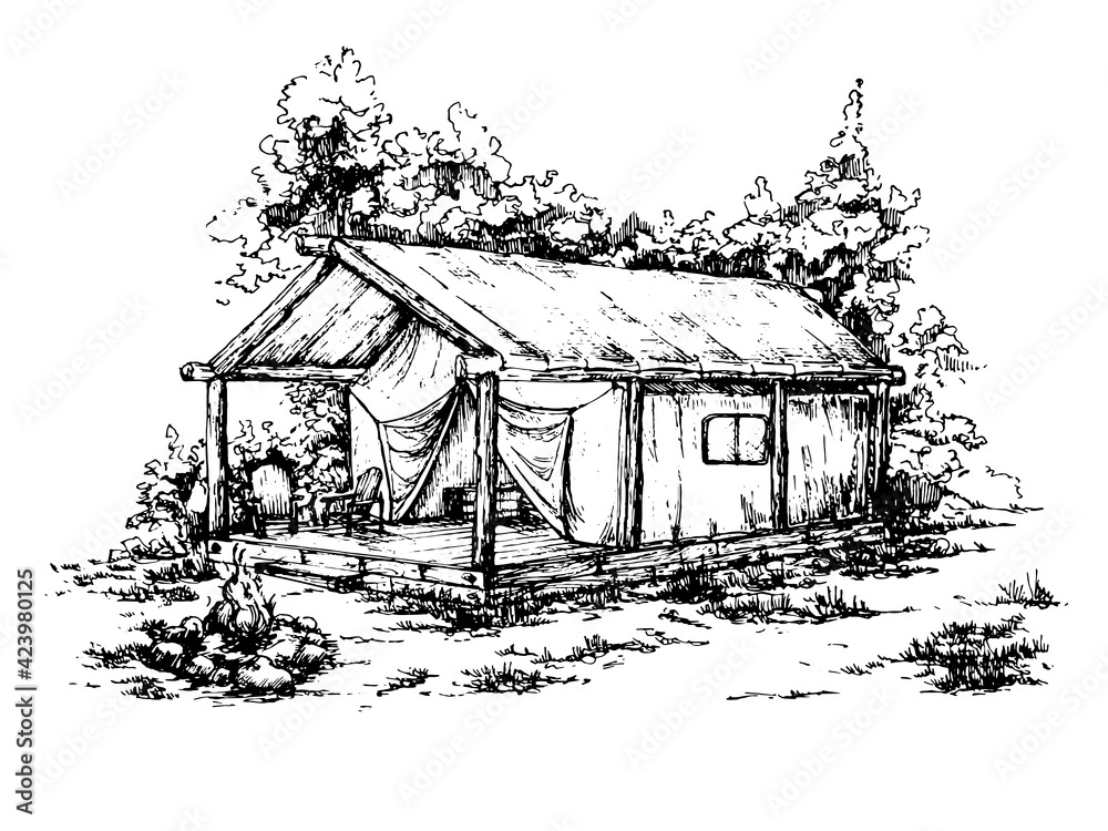 hand drawn tourist camping tent in a forest sketch. black and white ...