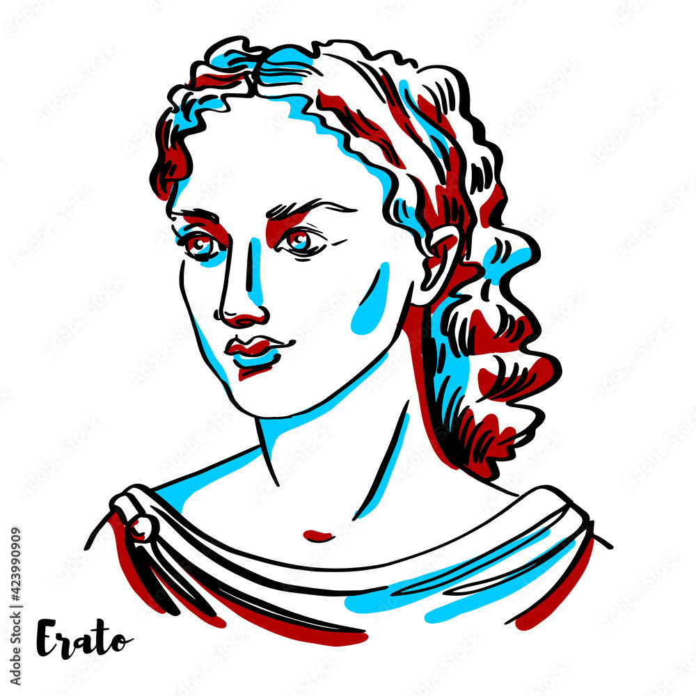 Erato engraved vector portrait with ink contours on white background ...