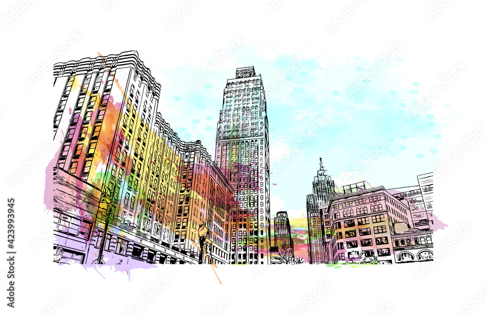 Building view with landmark of Detroit is the largest city in the ...
