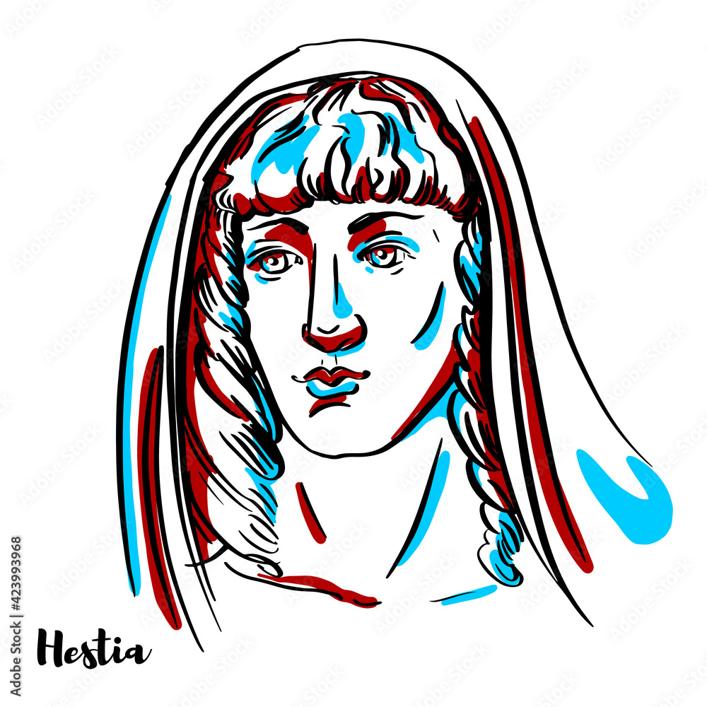 Hestia engraved vector portrait with ink contours on white background ...
