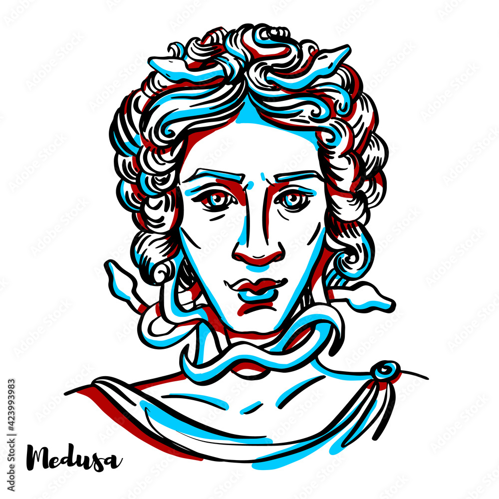 Medusa engraved vector portrait with ink contours on white background ...