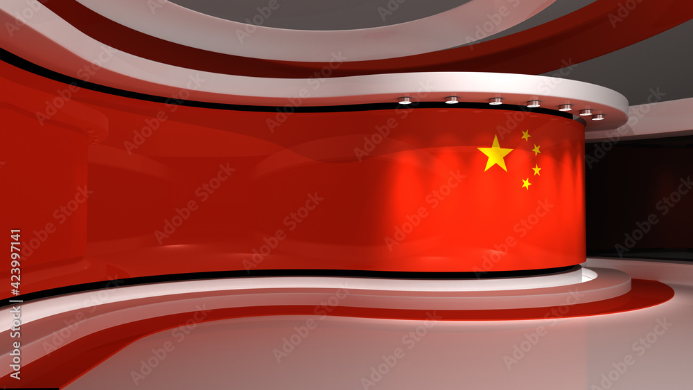 TV studio. Red background. China flag studio. China flag background ...