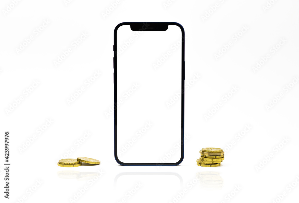 Mobile phone with cash, money, coins, mockup isolated on white ...