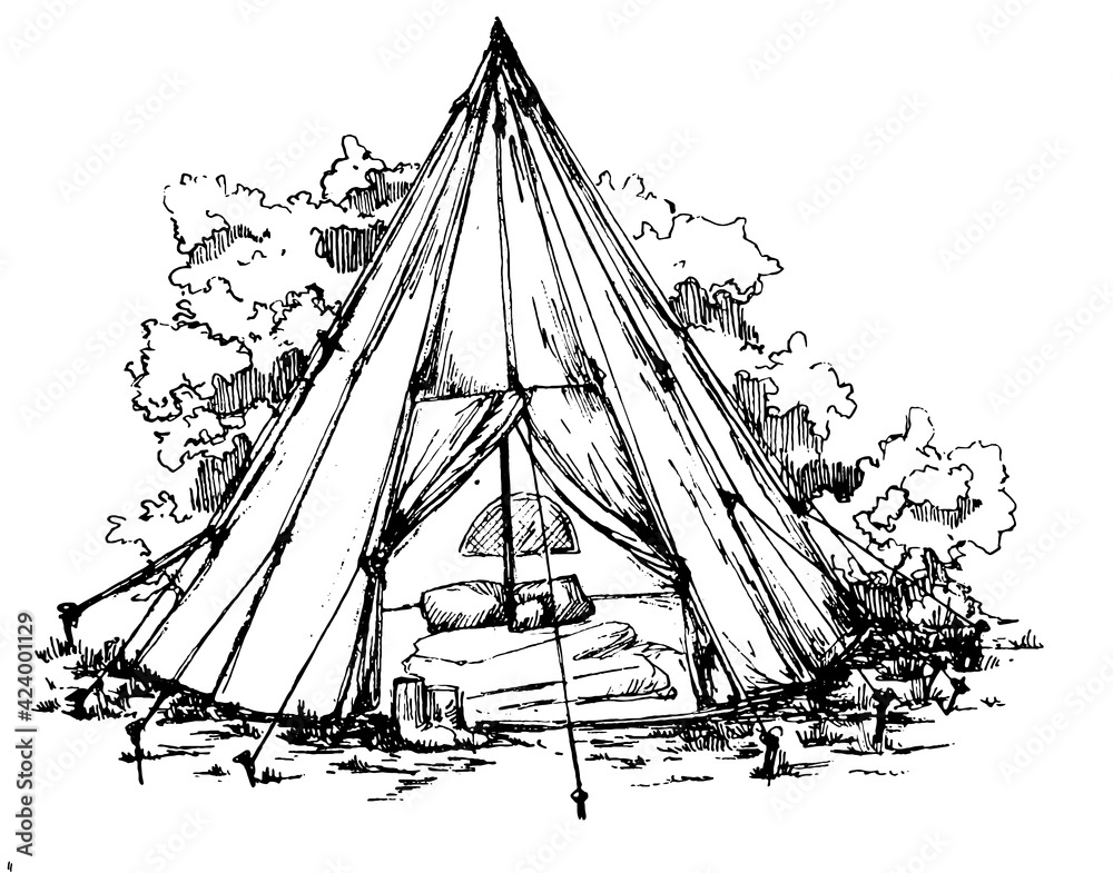 tipi in the woods sketch teepee tent monochromatic hand drawn ...