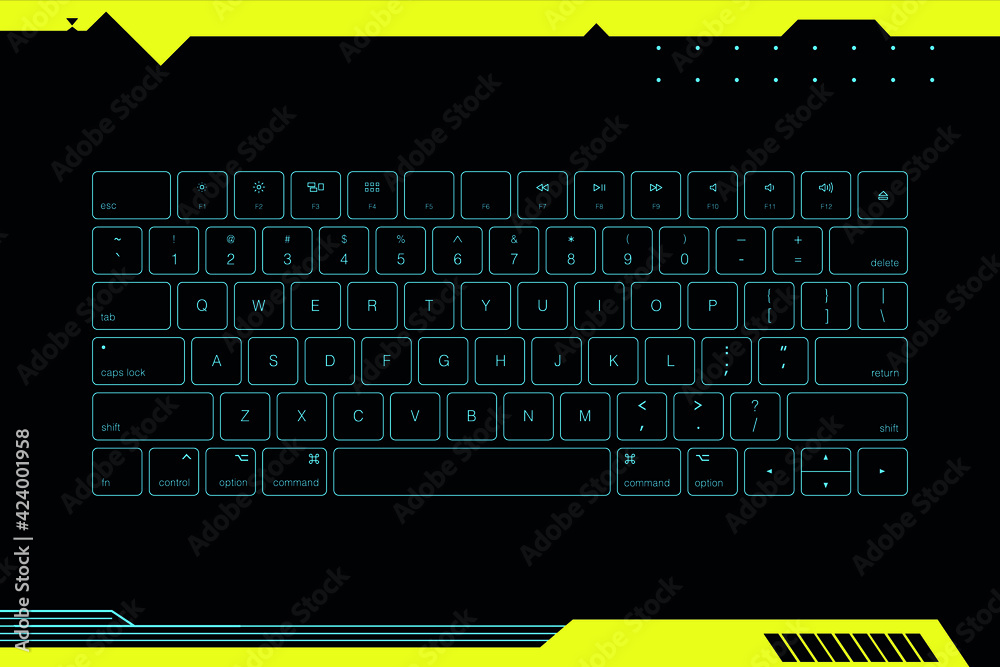 Futuristic neon computer keyboard Isolated on black background, vector ...
