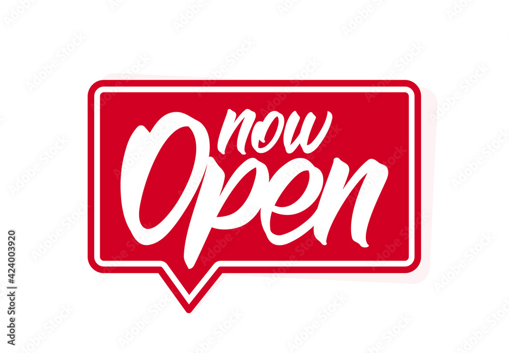Vector illustration: Door sign with Handwritten lettering of Now Open ...