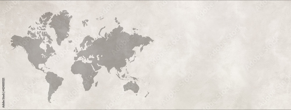 World map on white concrete wall background. Horizontal banner Stock ...