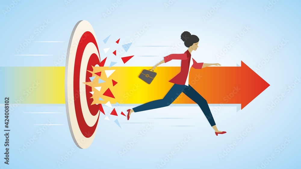 Woman running through dartboard, goal and continue success. Conceptual ...