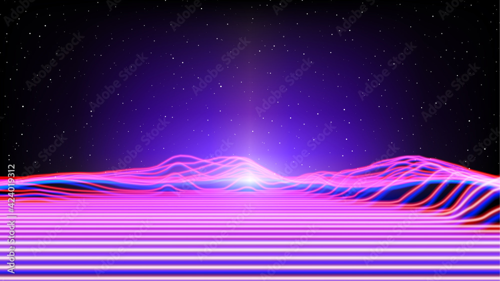 Synthwave or vaporwave abstract landscape with neon light rays terrain ...