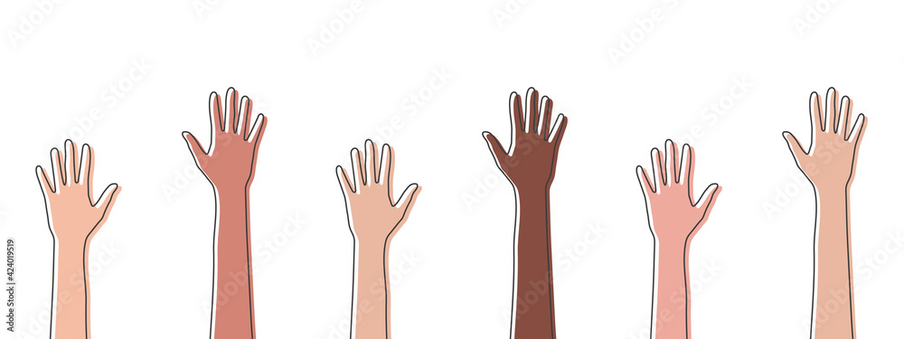 Raised hands. Silhouettes of hands up. Human hands different skin ...