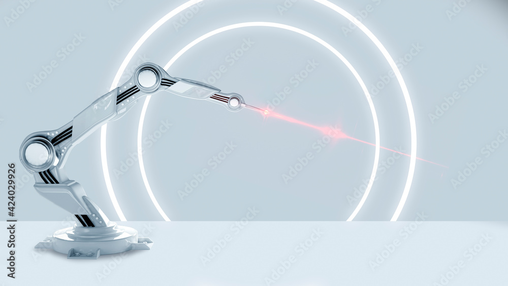 Robotic robot arm, industrial machine with laser beam. Futuristic light ...