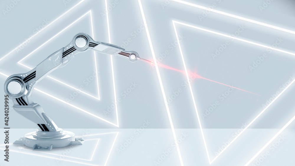 Robotic robot arm, industrial machine with laser beam. Futuristic light ...