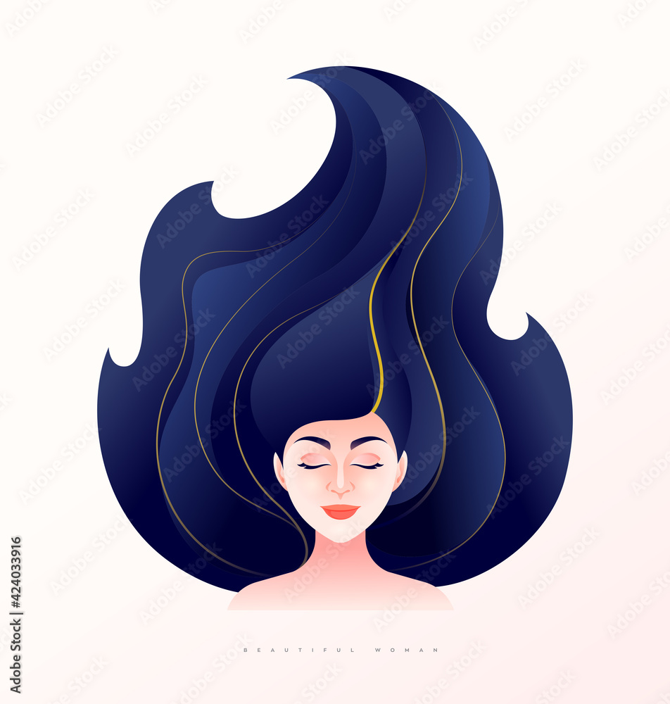 Beautiful young woman front face with long blue hair, Modern girl with ...