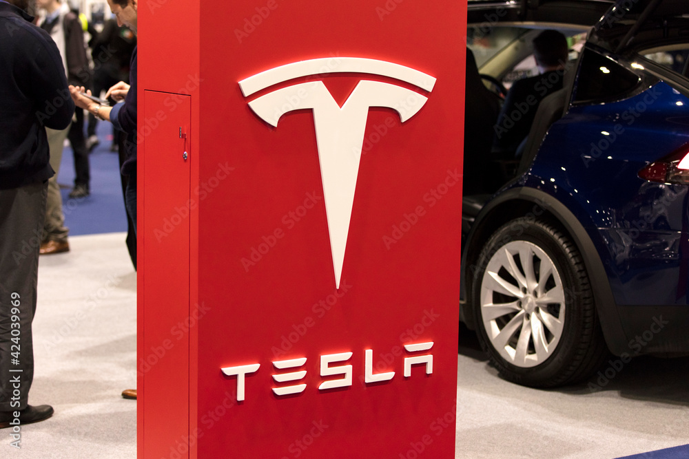 LONDON, UK - FEBRUARY 15th 2019: Tesla car brand on show at the Classic ...