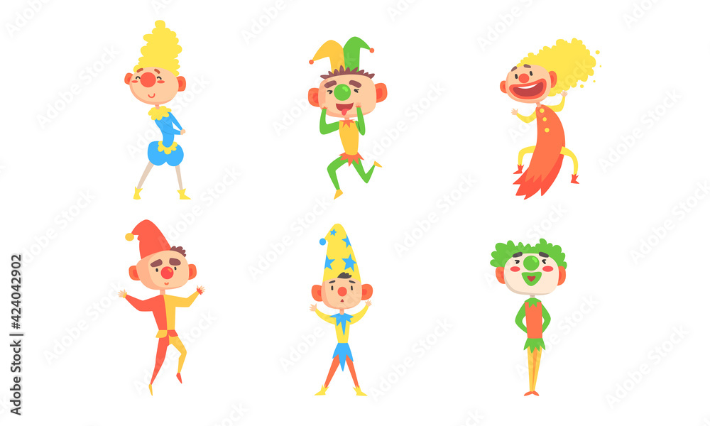 Circus Clowns Set, Funny Comedians and Jesters Cartoon Characters Performing in Colorful ...