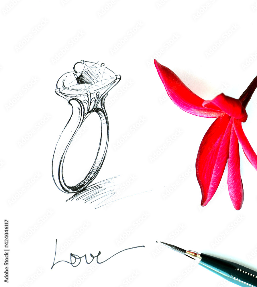 Draw a ring with a heart shape in the middle, a black line with a brush ...