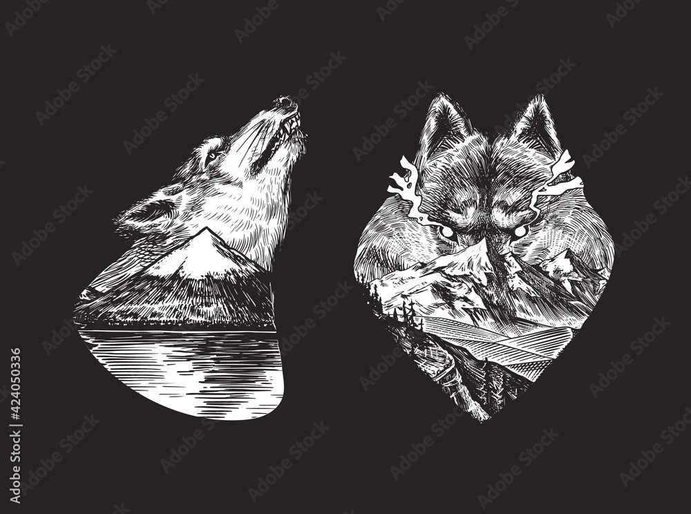 Gray wolf logo and badge. Forest and mountain and hill. Double exposure ...