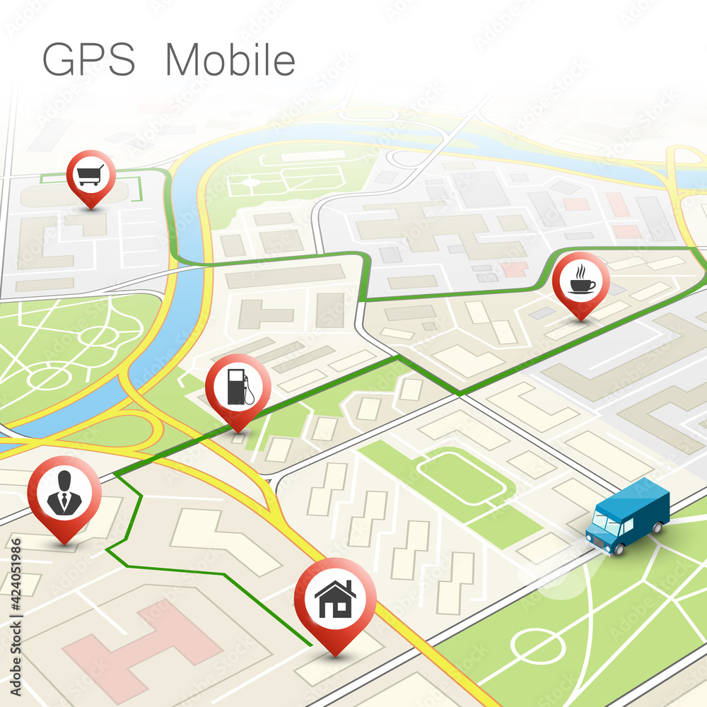 City map navigation route, point markers delivery van, isometry schema ...