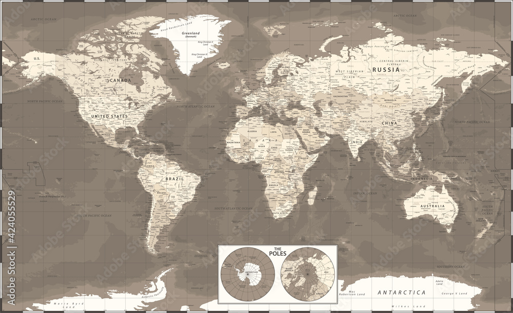 Vetor de World Map and The Poles - Vintage Political - Vector Detailed ...