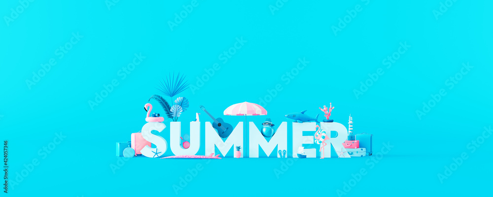 Summer text with luggage and beach accessories on pastel blue ...