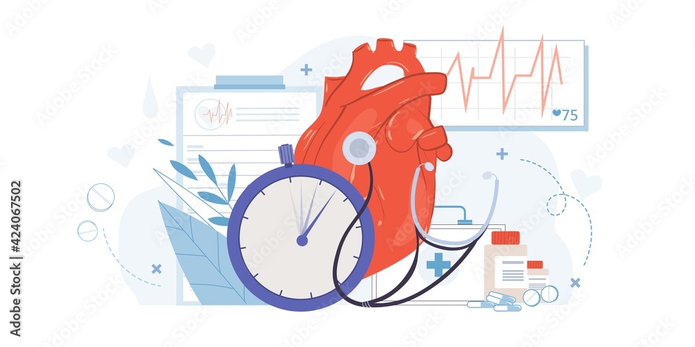 Vector cartoon flat heart,pills,medical symbols with stethoscope ...
