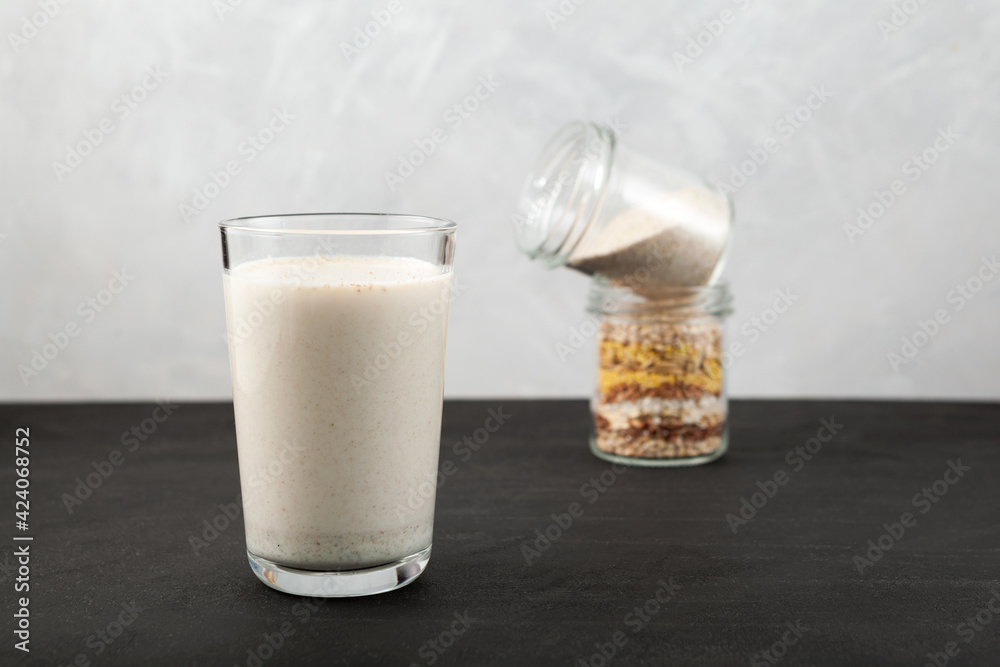 Misutgaru or Misugaru Latte on wooden serving board. Korean Protein ...