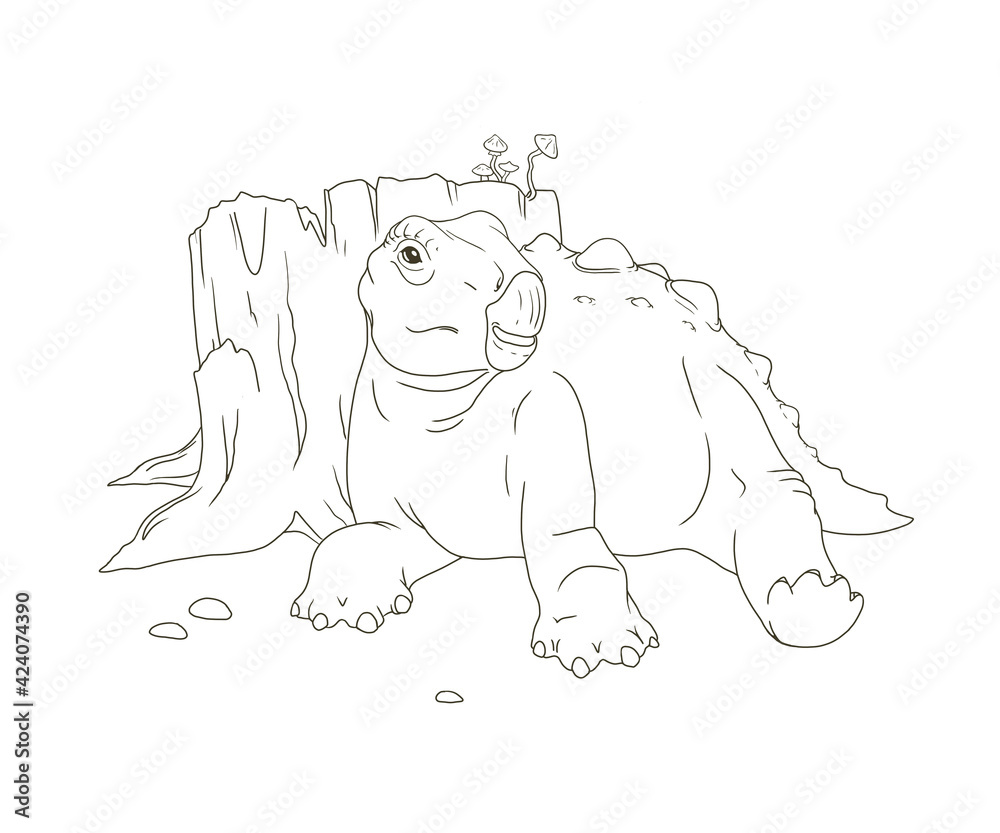 The baby stegosaurus lies down on a tree stump and rests. Picture for ...